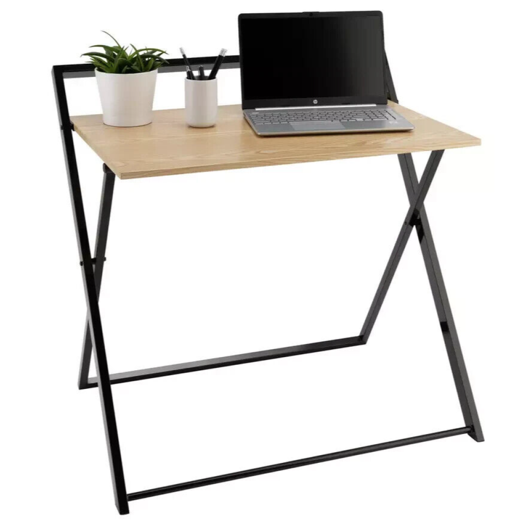 Compact Folding Office Desk Black Oak Space Saving Workstation Study Table